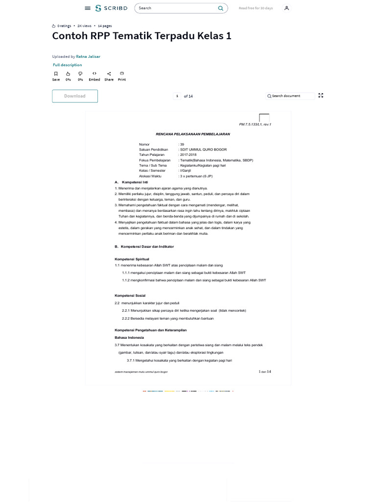 Contoh RPP Tematik Terpadu Kelas 1 - PDF | PDF
