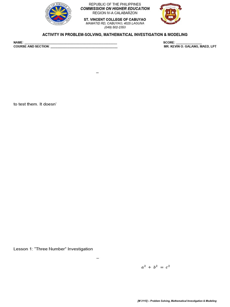 24 25 Problem Solving Mathematical Investigation and Modelling ACTIVITY ...