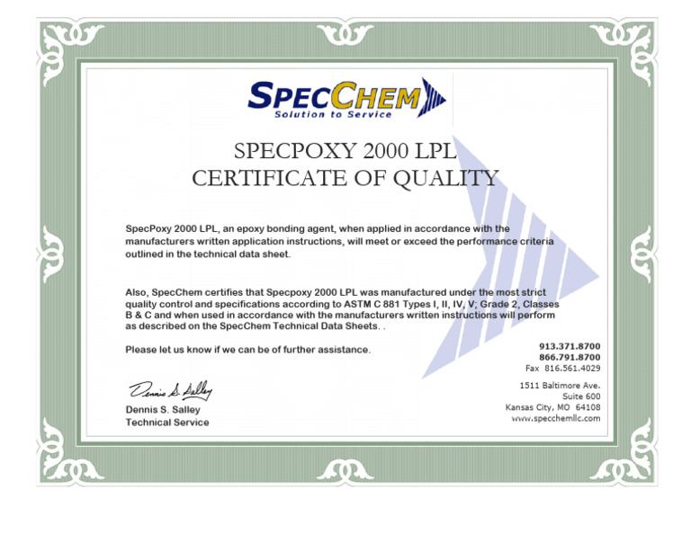 Specpoxy 2000 LPL Certificate of Quality | PDF