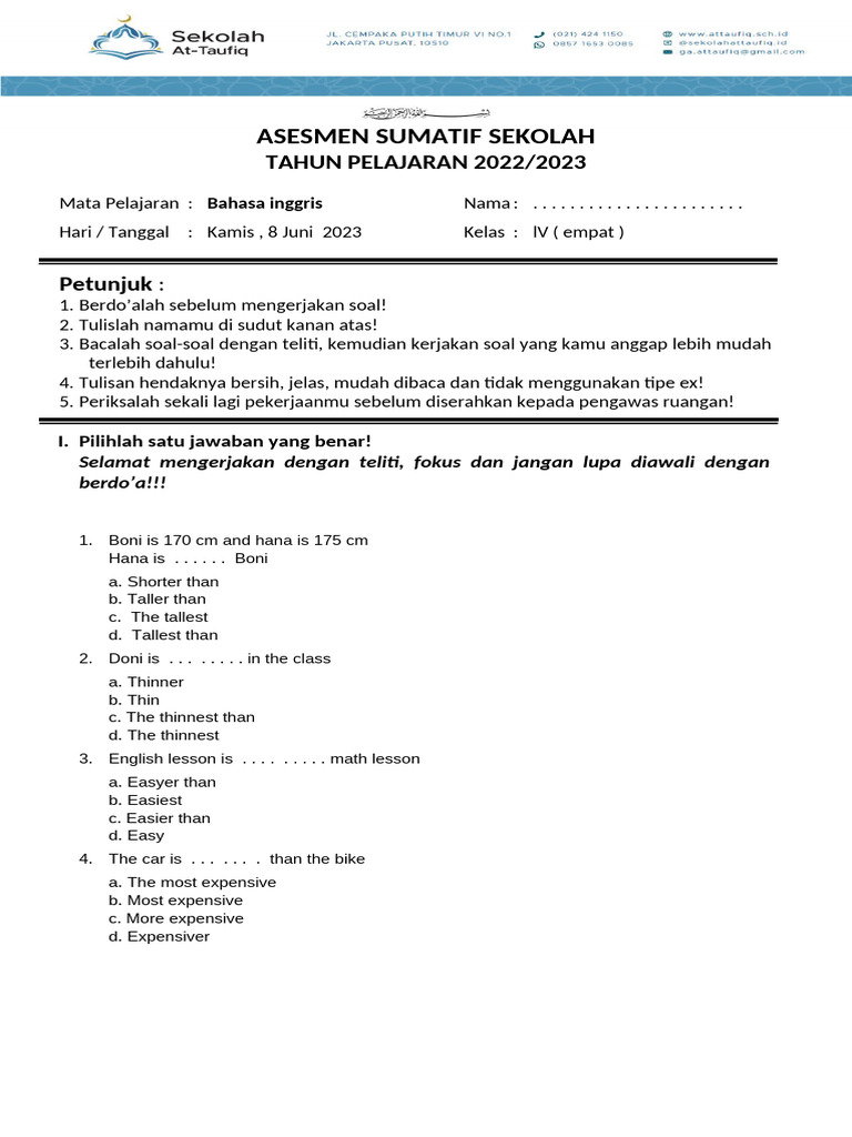 Soal Pas Class 4 (2022-2023) Genap (English Focus) | PDF