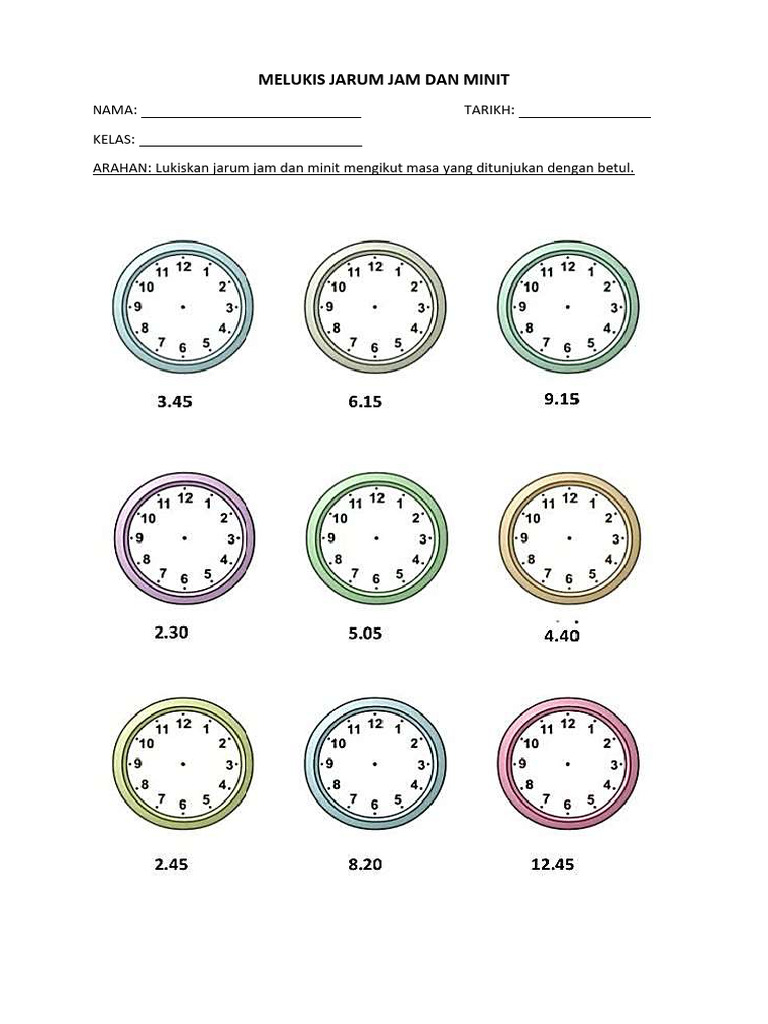 Latihan Melukis Jarum Jam Dan Minit | PDF