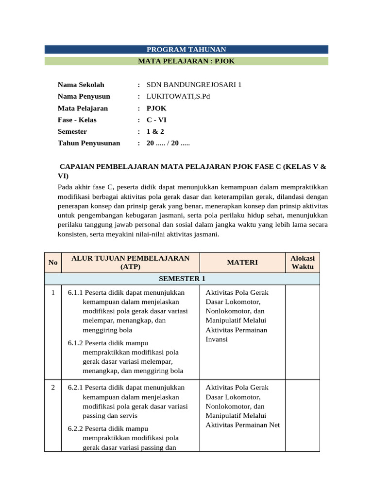Prota Pjok Kelas 6 | PDF