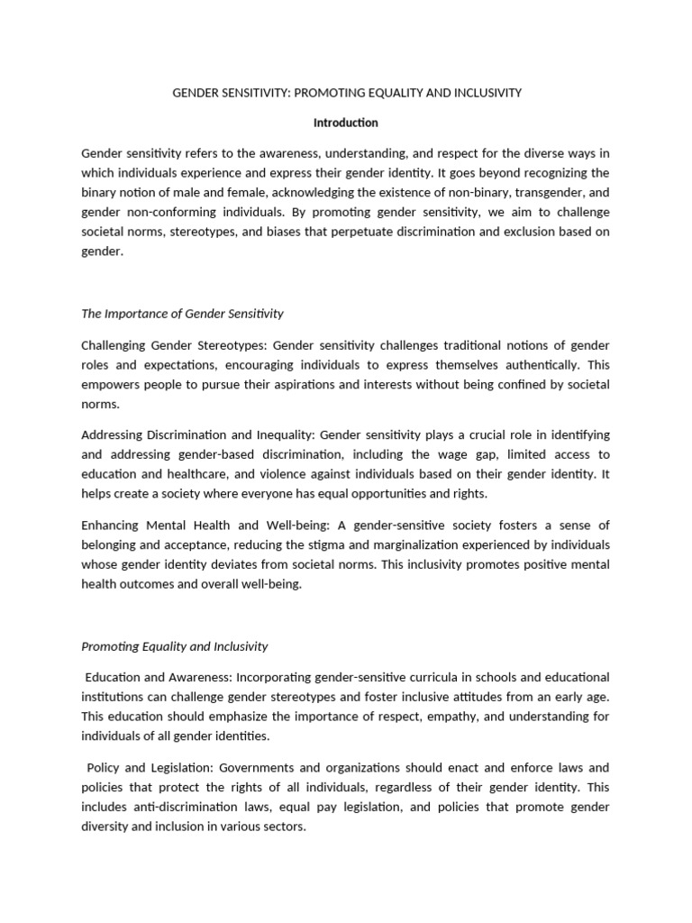 Position Paper - Gender Sensitivity PromotingEquality and Inclusivity | PDF