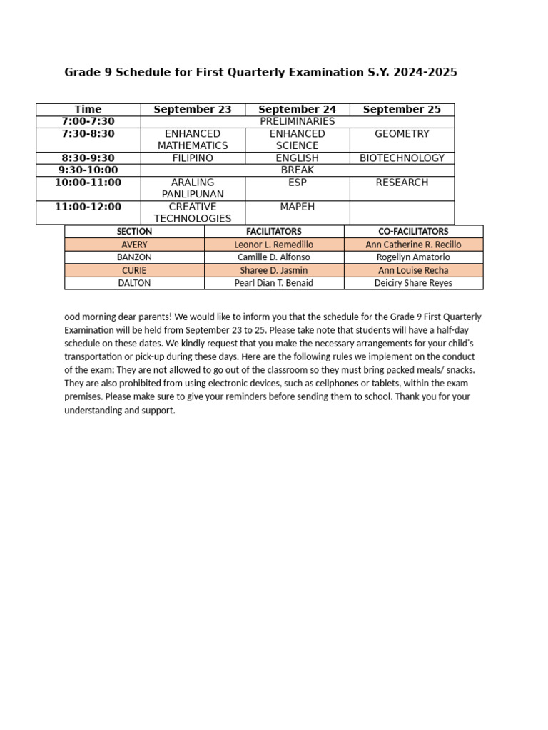 Grade 9 Schedule For Second Periodical Examination | PDF