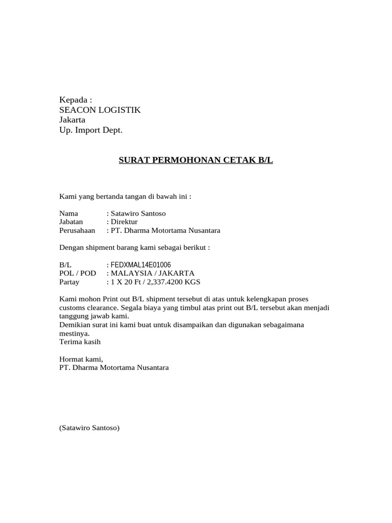 Surat Permohonan Cetak BL Dharma 3491 Laut | PDF