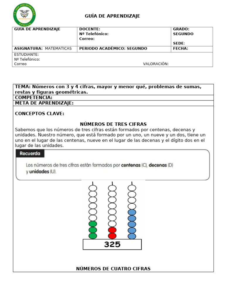 GUÍA DE APRENDIZAJE MATEMATICAS GRADO SEGUNDO | PDF