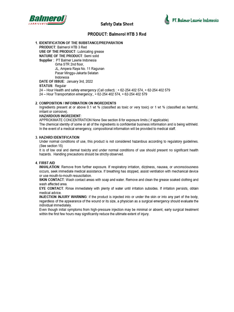 MSDS - Eng - Balmerol Grease HTB-3-Red | PDF