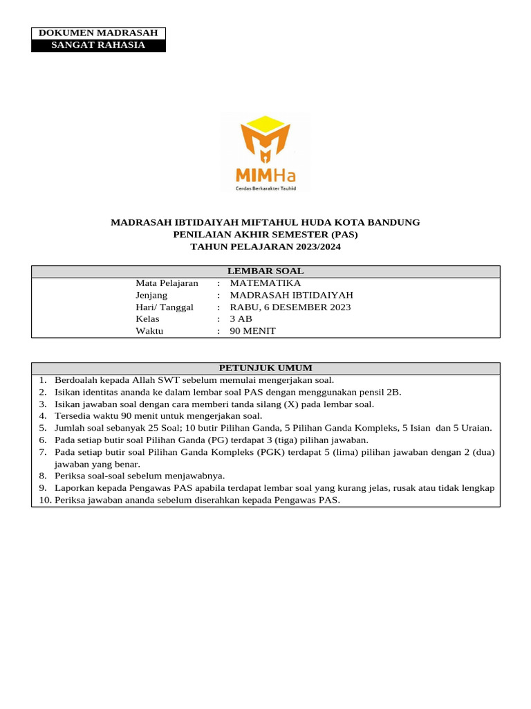 Soal SAS - Matematika Kelas 3 | PDF