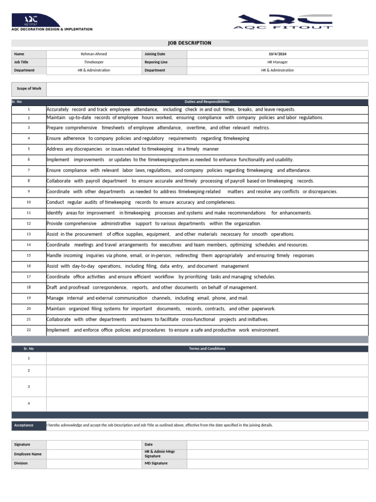 Rehman Ahmed Timekeeper Job Description | PDF