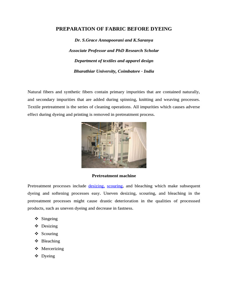 PREPARATION OF FABRIC BEFORE DYEING Docx | PDF