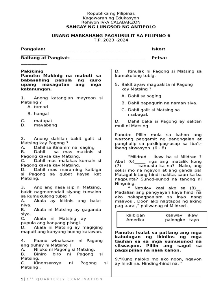 Pagsusulit Sa Unang Markahan Filipino 6 1 | PDF