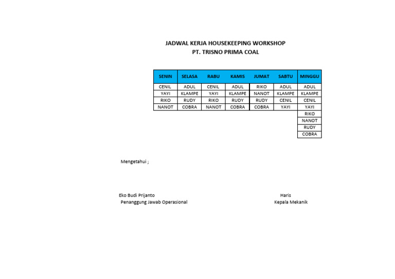 Jadwal Housekeeping 085644 | PDF