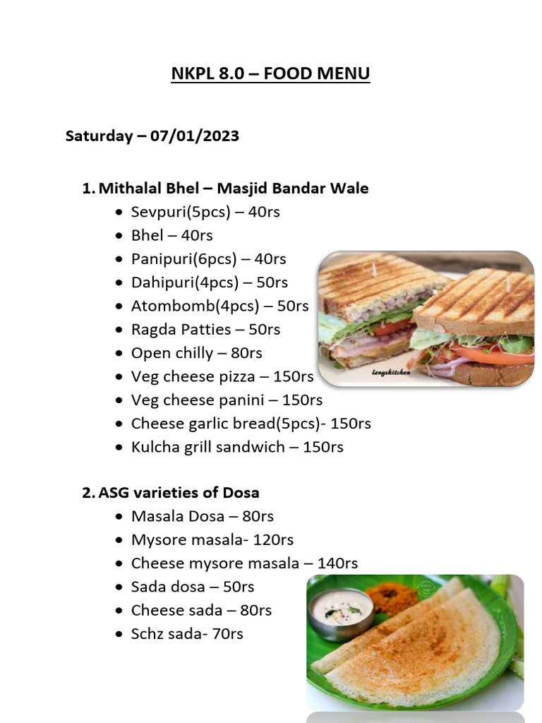 NKPL 8 Food Menu Saturday | PDF