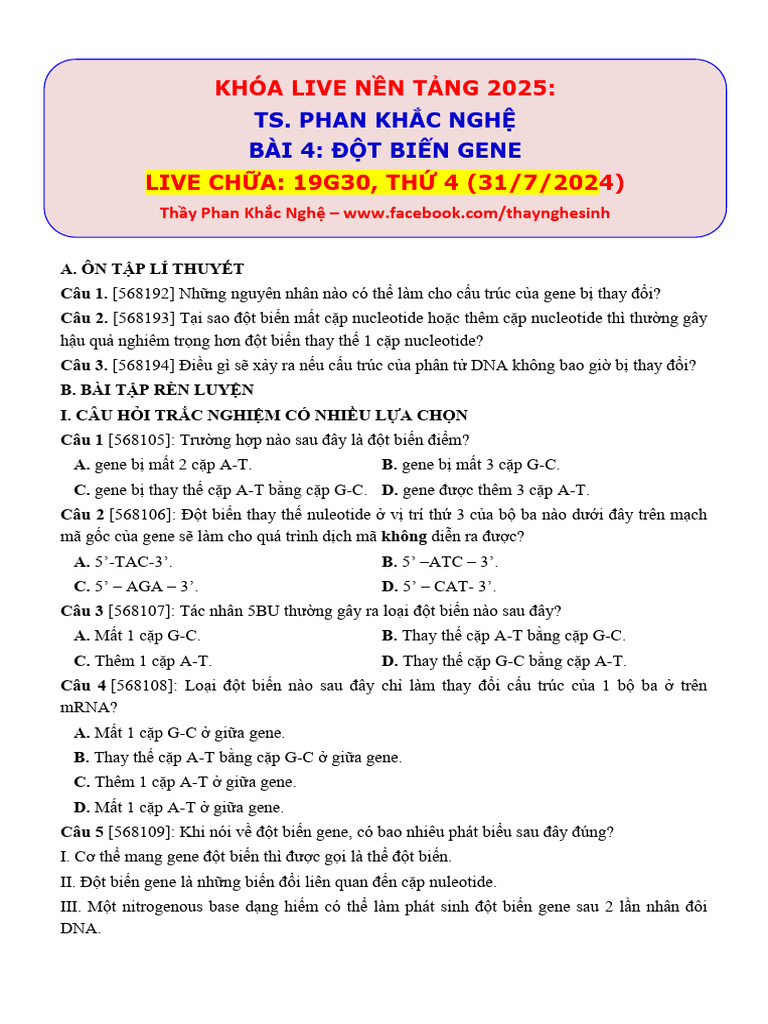 Khóa Live N NT NG 2025:: Ts. Phan KH C NGH TBI N Gene | PDF