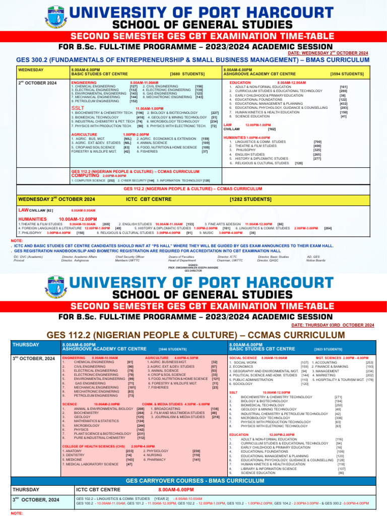GES Exam Timetable 2023/2024 | PDF