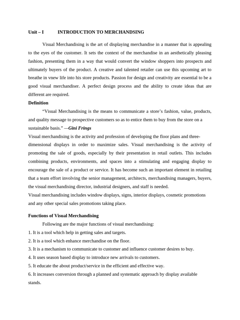 Unit - I Introduction To Merchandsing: Gini Frings | PDF