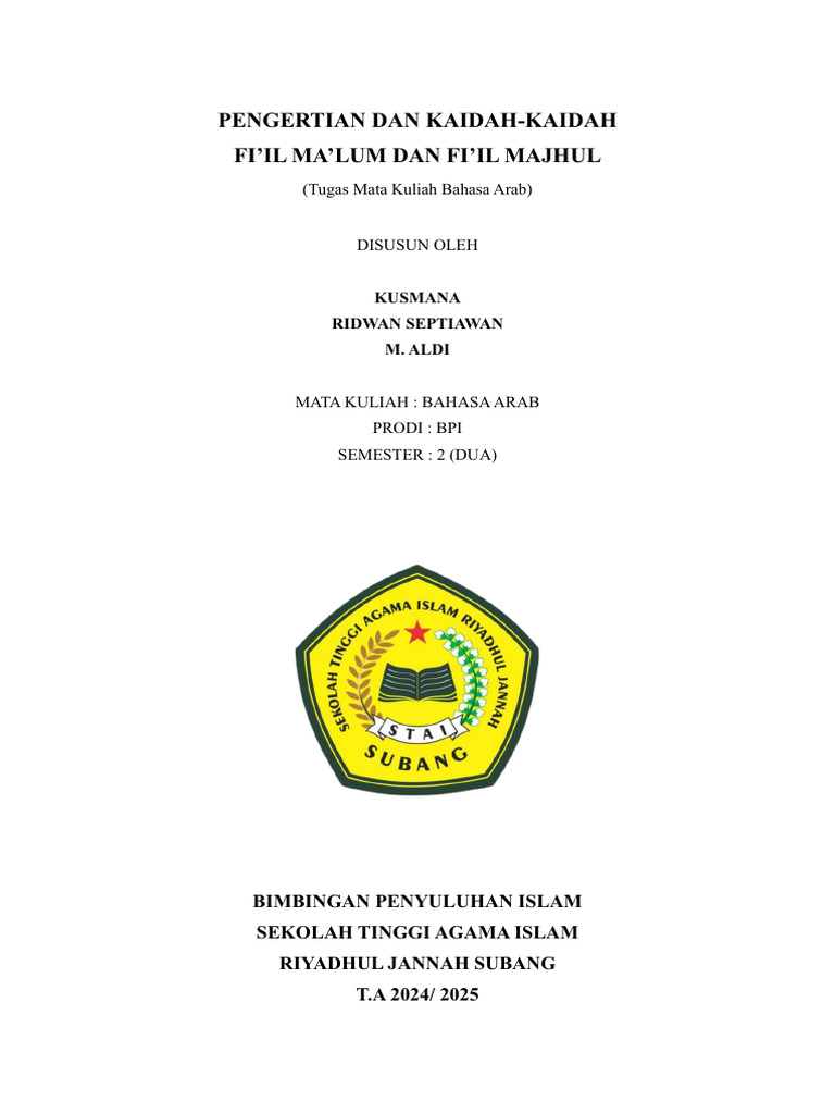 B. Arab - Fi'il Ma'lum Dan Fi'il Majhul - Kusmana, Ridwan, Aldi - Bpi | PDF