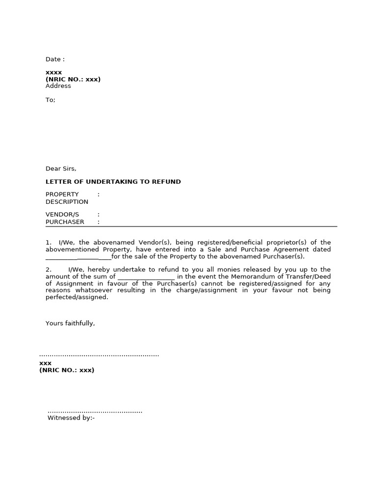 Letter Undertaking To Refund | PDF