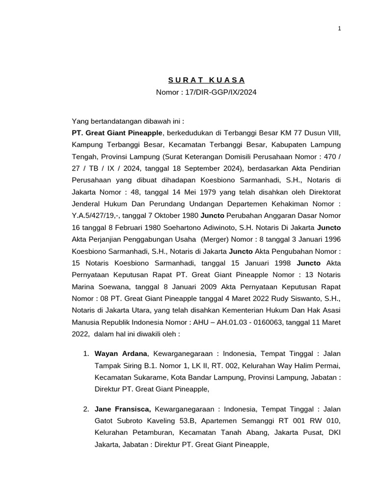 Surat KUASA DIR GGP PTUN SHM, NIB HGU U 15LT | PDF