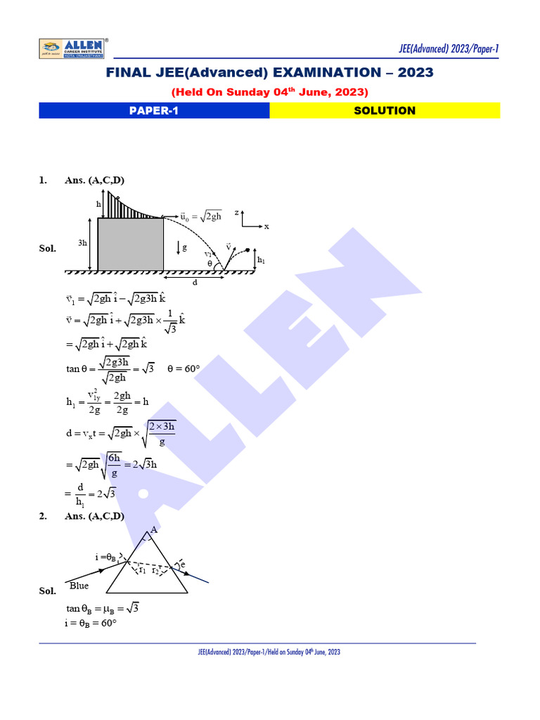 JEE Advanced 2023 Paper 1 Physics Sol | PDF