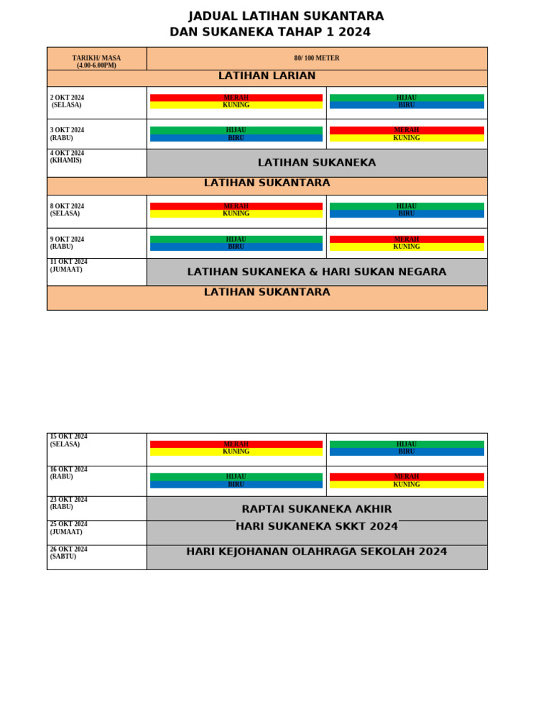 Jadual Latihan Sukantara Dan Sukaneka Tahap 1 2024 | PDF