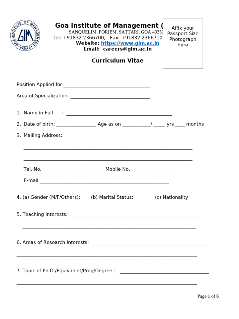 GIM Faculty Application Form 2024 | PDF