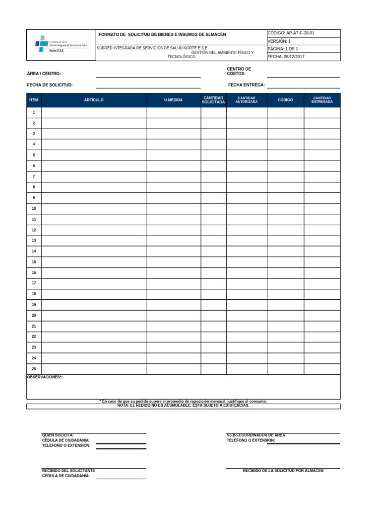 Ap-At-F-28-01-Formato de Solicitud de Bienes e Insumos de Almacén | PDF