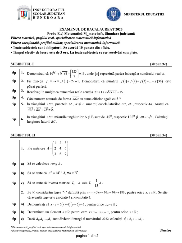 Simulare Bac Hunedoara 2023 | PDF