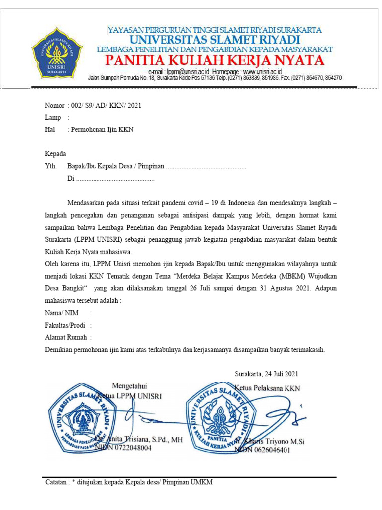 Format Surat Ijin Kegiatan KKN | PDF