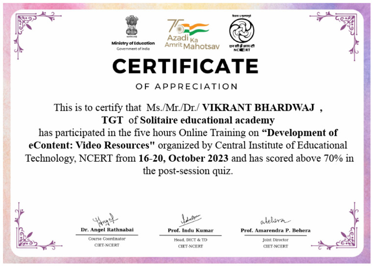 Certificate - Development of EContent - Video Resources | PDF