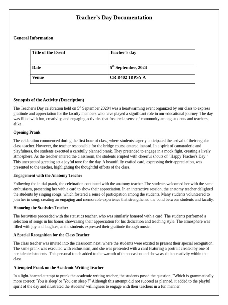 Teacher's day documentation | PDF