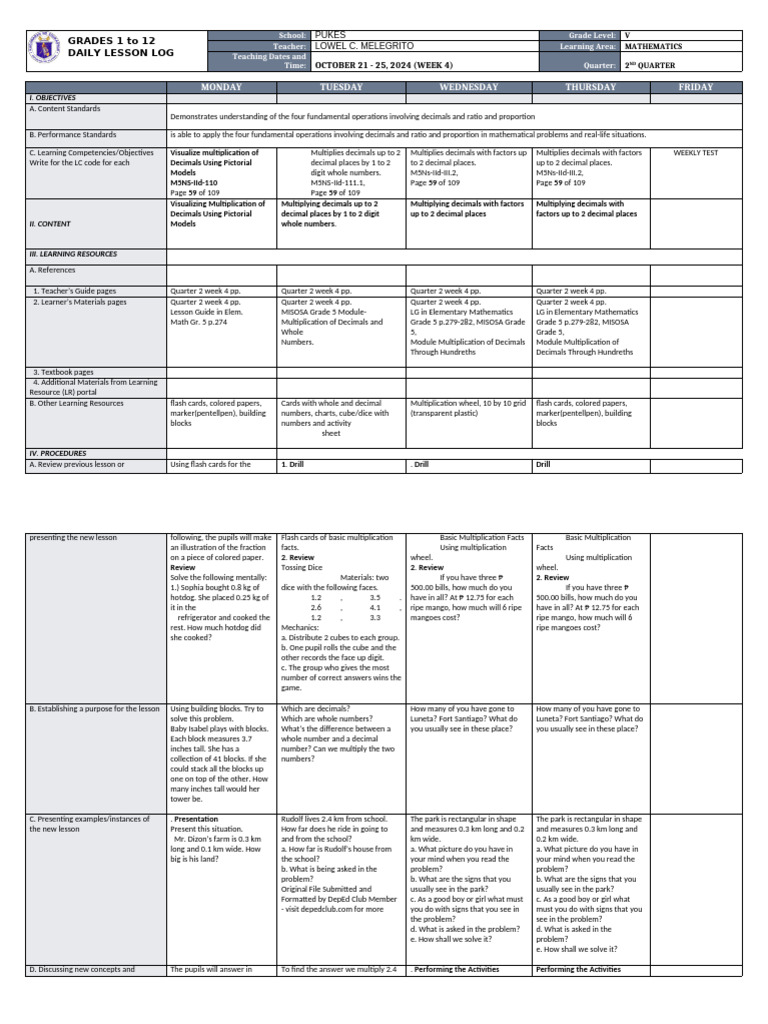 DLL - Mathematics 5 - Q2 - W4 | PDF
