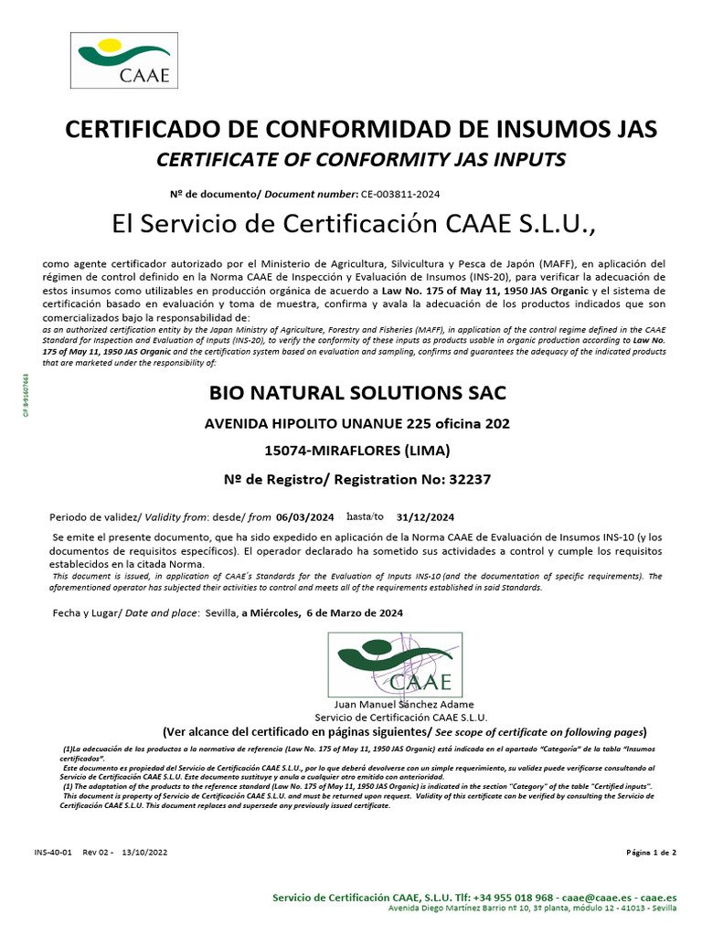CertificadoInsumos JAS | PDF