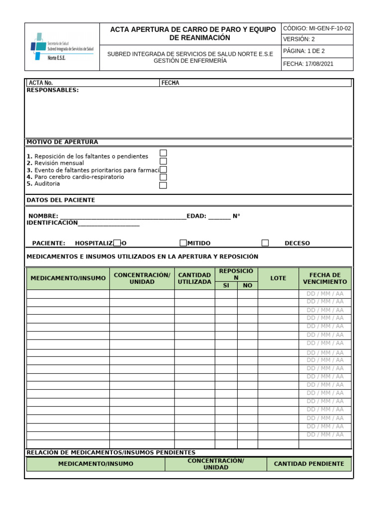 MI-GEN-F-10-02-Acta Apertura de Carro de Paro y Equipo de Reanimación | PDF