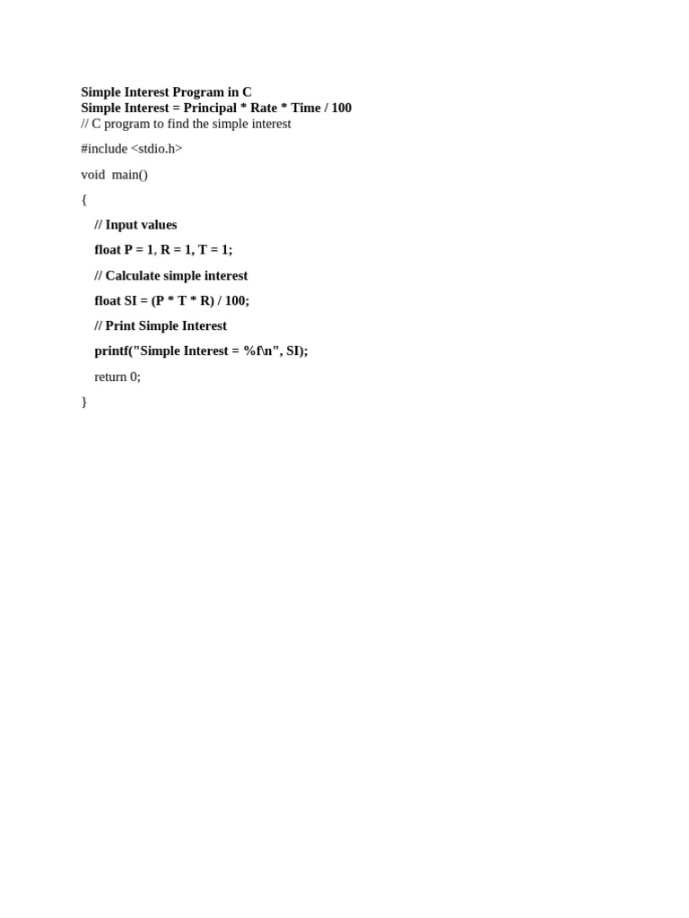 Ex 4 Simple Interest Program in C | PDF