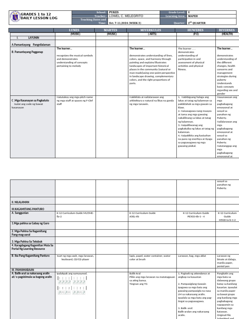 DLL Mapeh-5 Q2 W2 | PDF