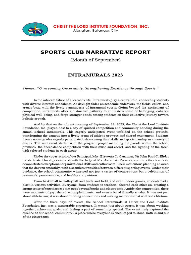 NARRATIVE REPORT (CLIFI Intramurals 2023) | PDF