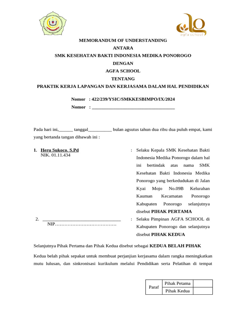 MoU PKL SMK BIMPO Dan AGFA SHCOOL | PDF