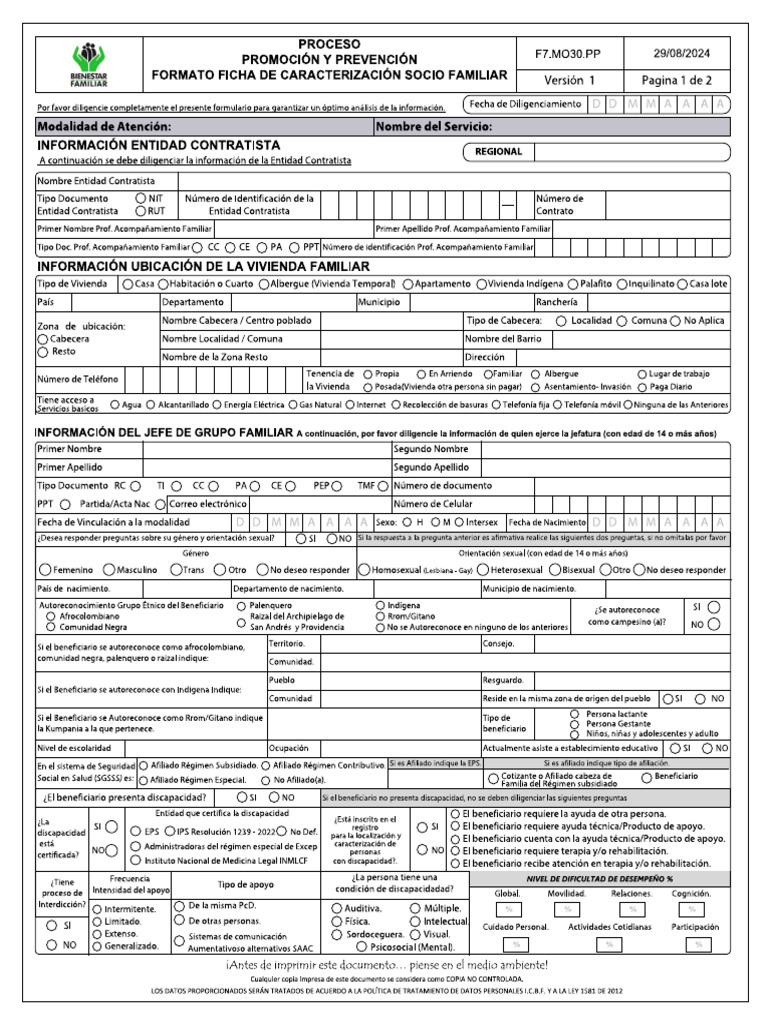 f7.Mo30.Pp Formato Ficha Caracterizacion Socio Familiar v1 | PDF