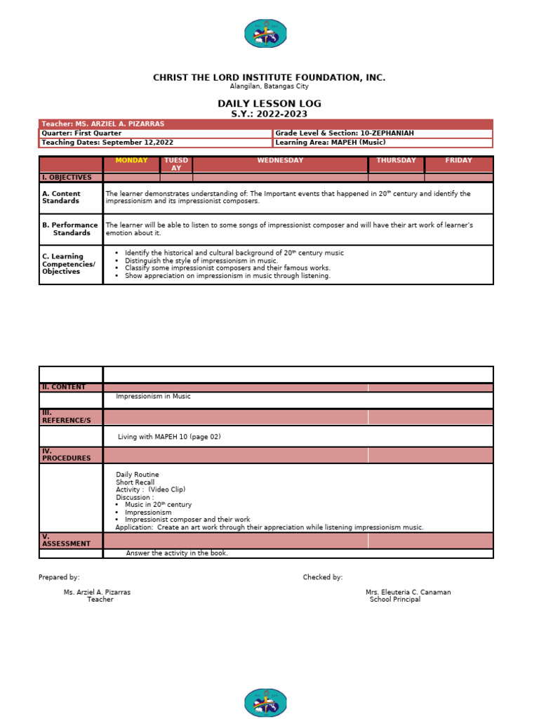 Daily Lesson Log 2022 2023 | PDF