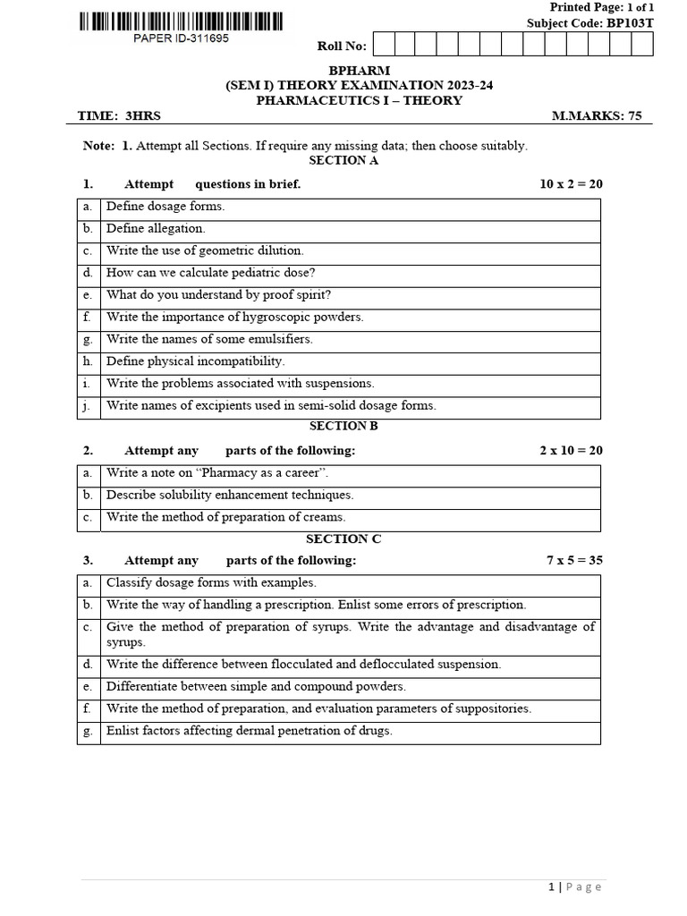Bpharm 1 Sem Pharmaceutics 1 Bp103t Mar 2024 | PDF
