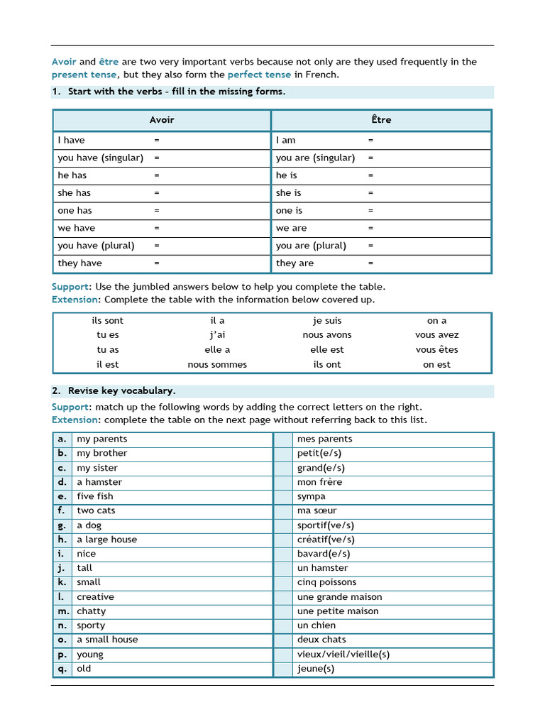 Avoir and Être: 1. Start With The Verbs Fill in The Missing Forms. Avoir Être | PDF