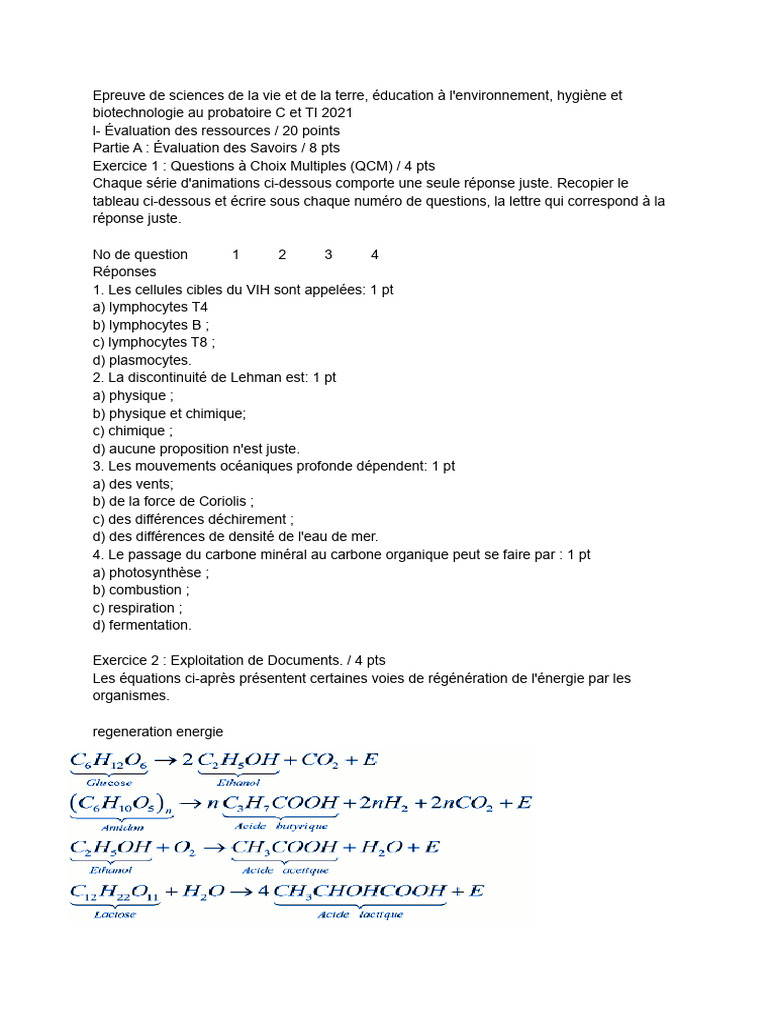 Epreuve de Sciences de La Vie Et de La Terre, Éducation À L'environnement, Hygiène Et ...