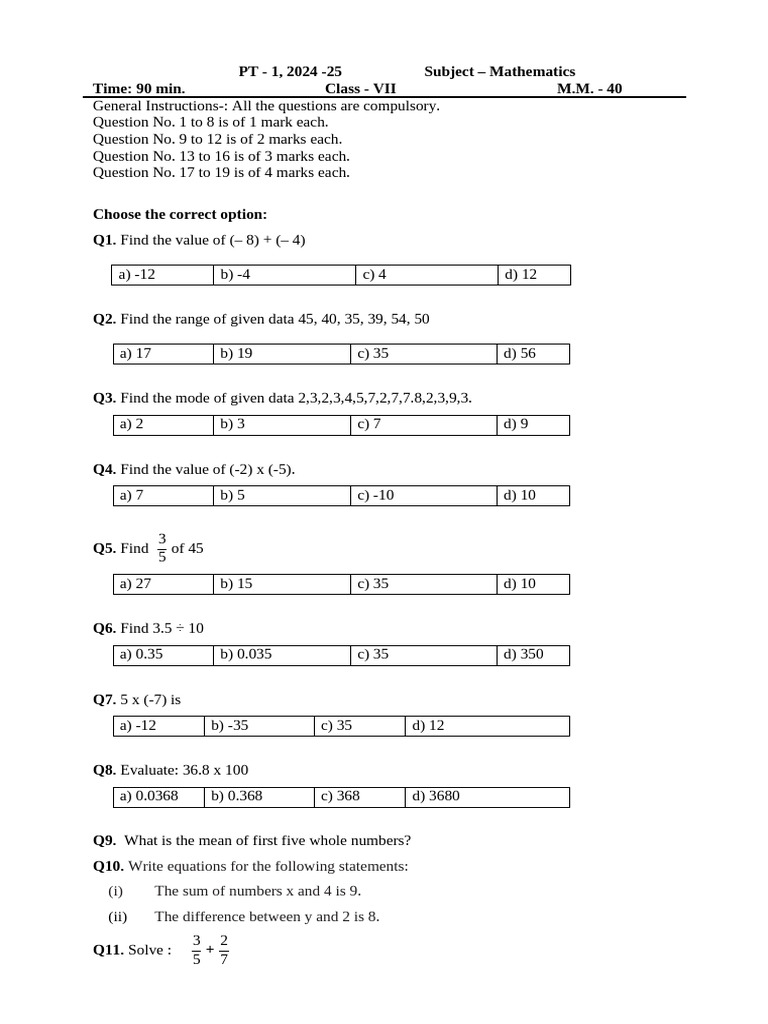 Class 7 PT-1 Math Paper | PDF