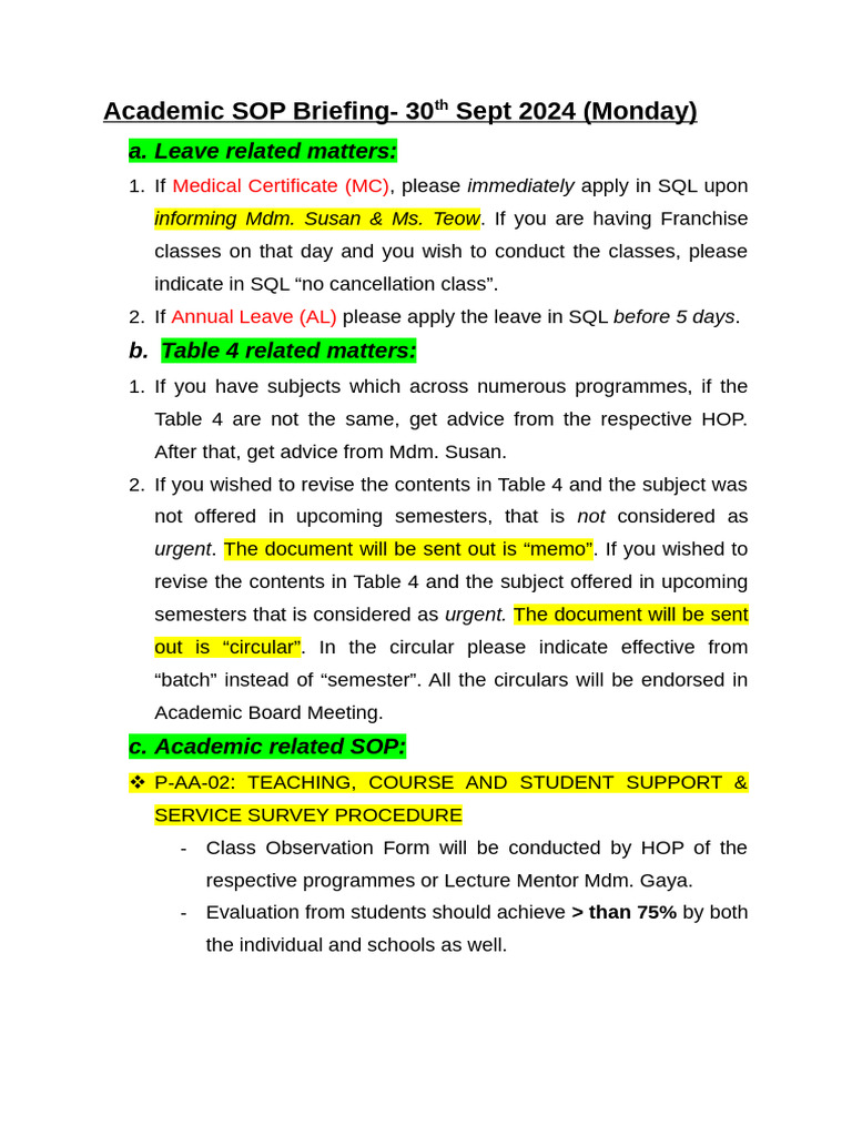 Academic SOP Briefing 30th Sept 2024 (Monday) | PDF