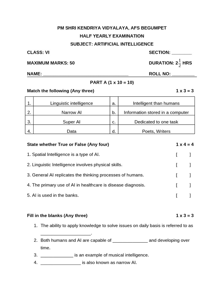 Class 6 Question Paper Ai | PDF