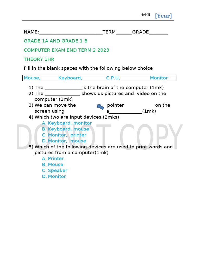 Grade 1 A Exam 2023 Computer Lesson | PDF