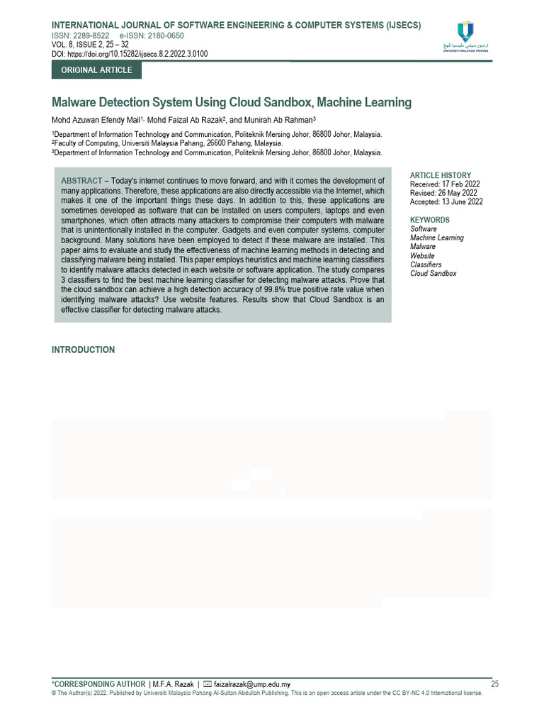 Malware Detection System Using Cloud Sandbox, Machine Learning | PDF