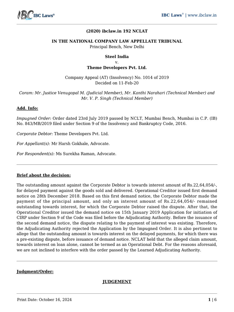 Claim Amount Towards Interest On Loan Alone Cannot Be Termed As An Operational Debt M S Steel ...