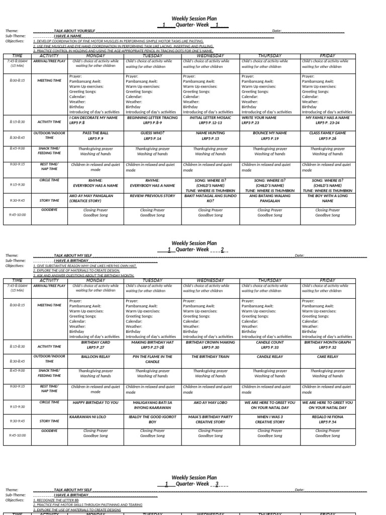 Pre K1 Weekly Session Plan | PDF